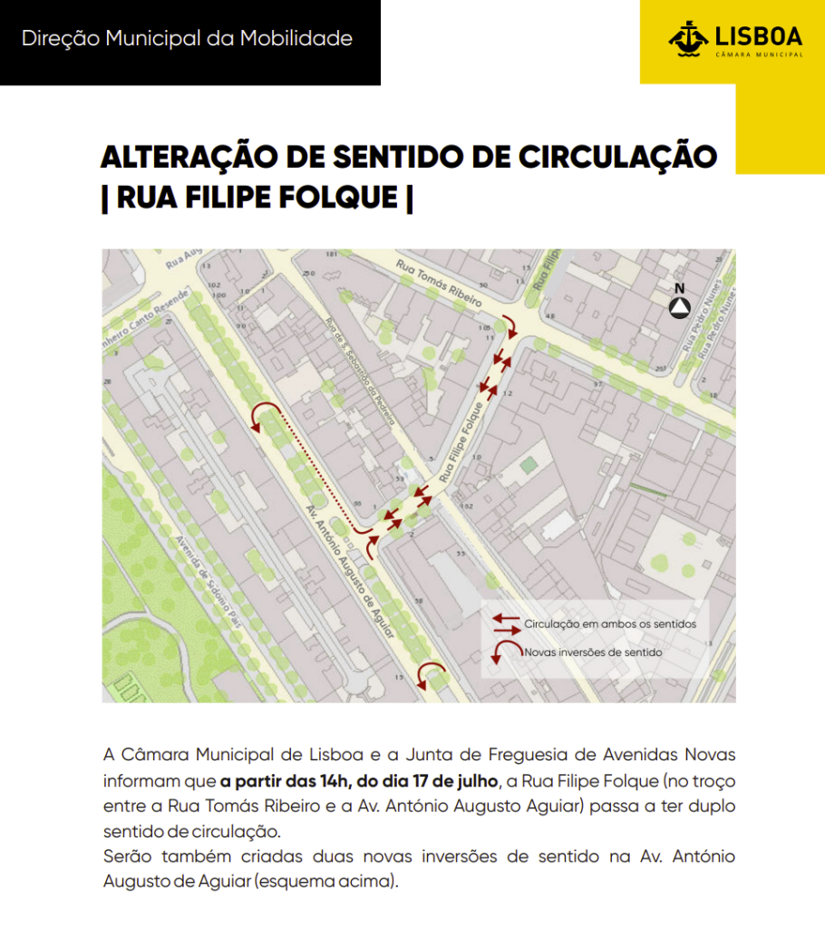 Alteração de sentido de circulação | Rua Filipe Folque | Junta de ...